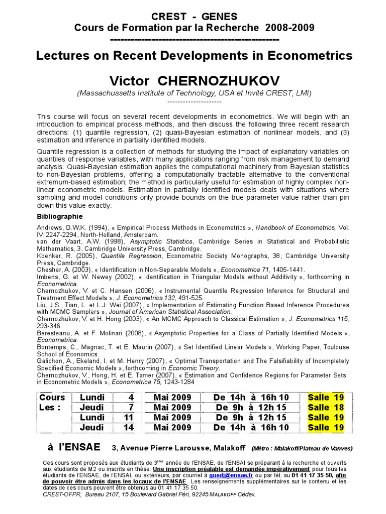 Victor Chernozhukov: Lectures On Recent Developments in Econometrics | PDF | Econometrics ...