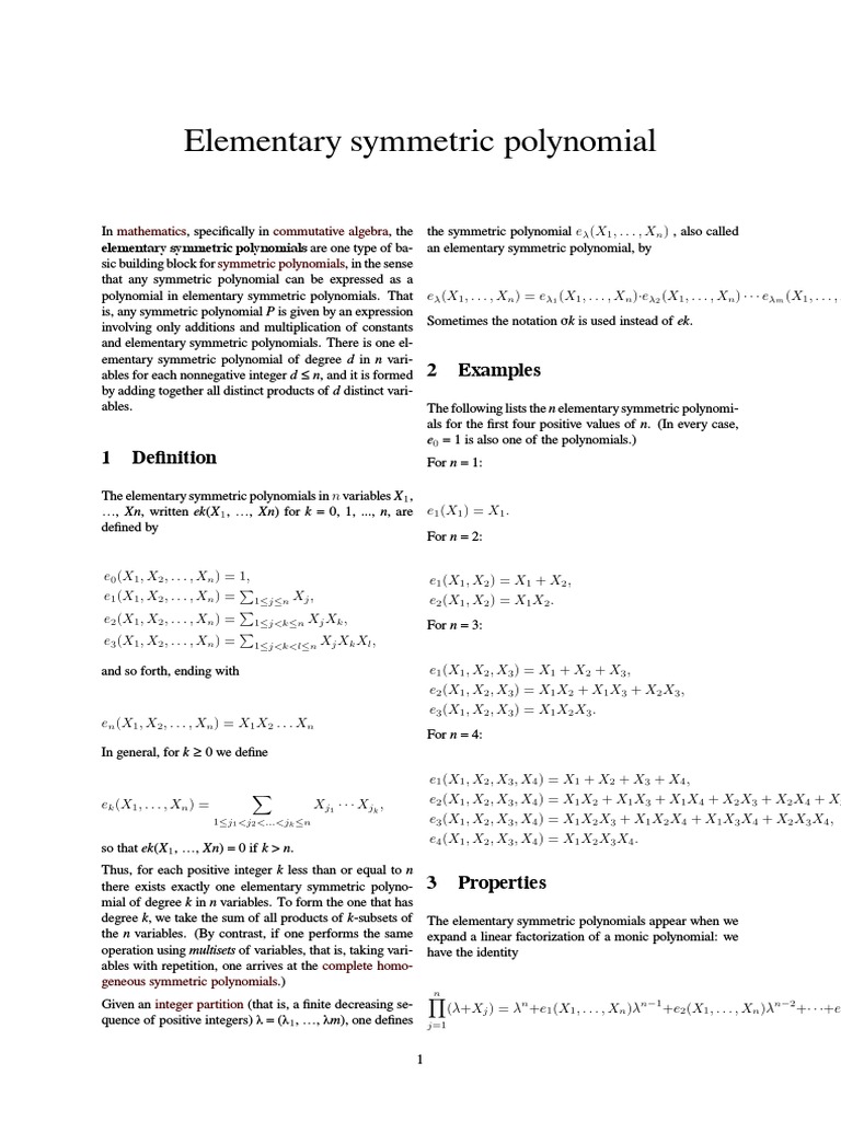 Elementary Symmetric Polynomial Pdf Polynomial Group Theory