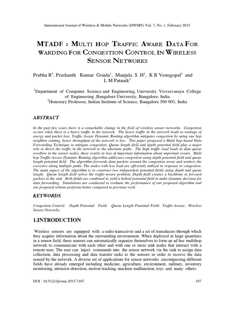 Mtadf Multi Hop Traffic Aware Data For Warding For Congestion Control In Wireless Sensor