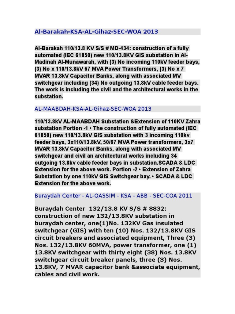 AL-MAABDAH-KSA-AL-Gihaz-SEC-WOA 2013 | PDF | Electrical Substation | Components