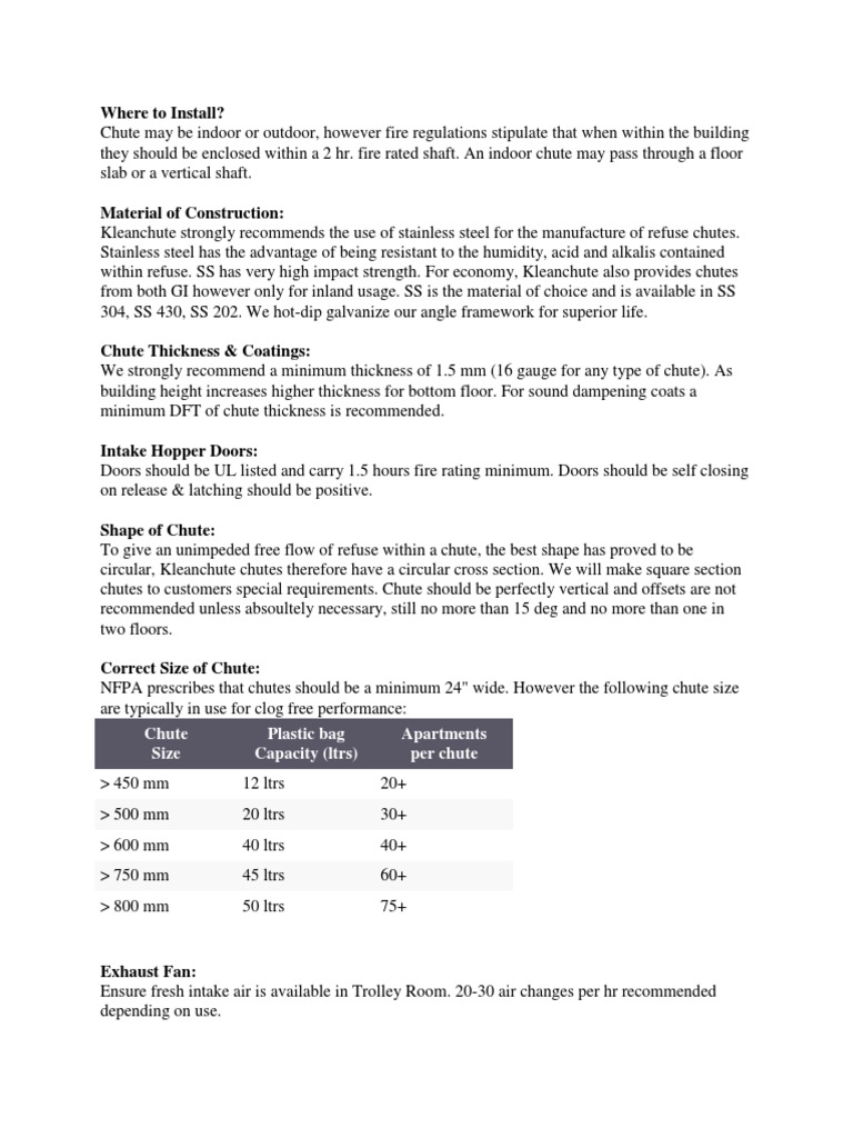 Where To Install?: Chute Size Plastic Bag Capacity (LTRS) Apartments ...