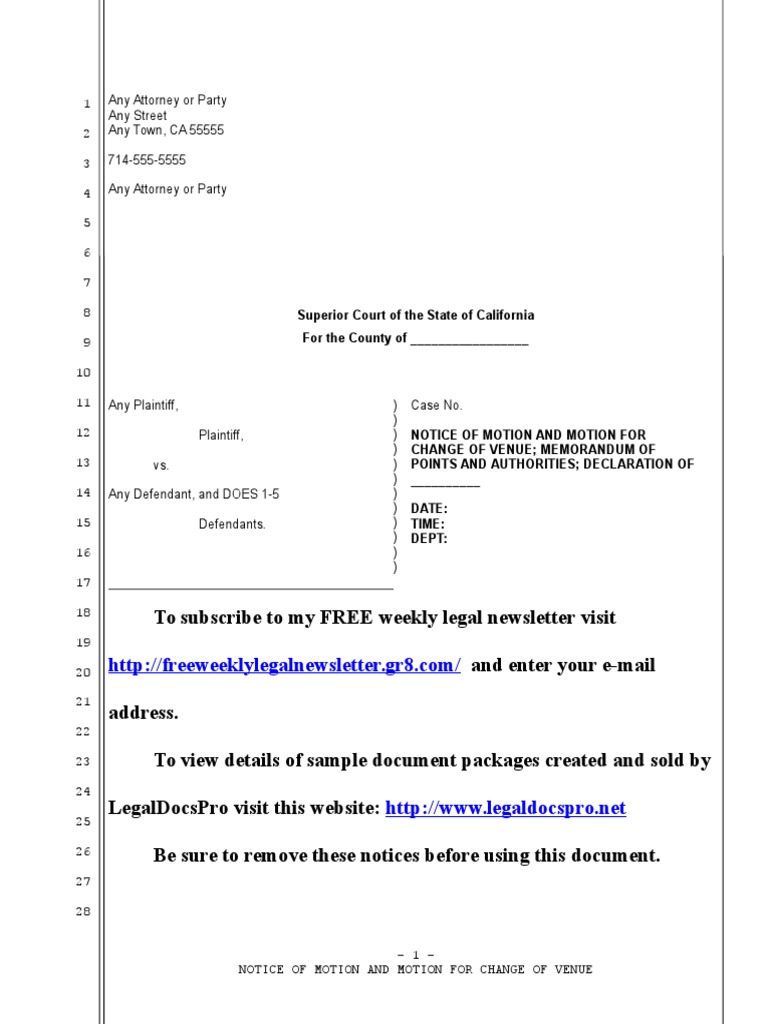 California Change of Venue Motion Template | PDF | Lawsuit | Complaint