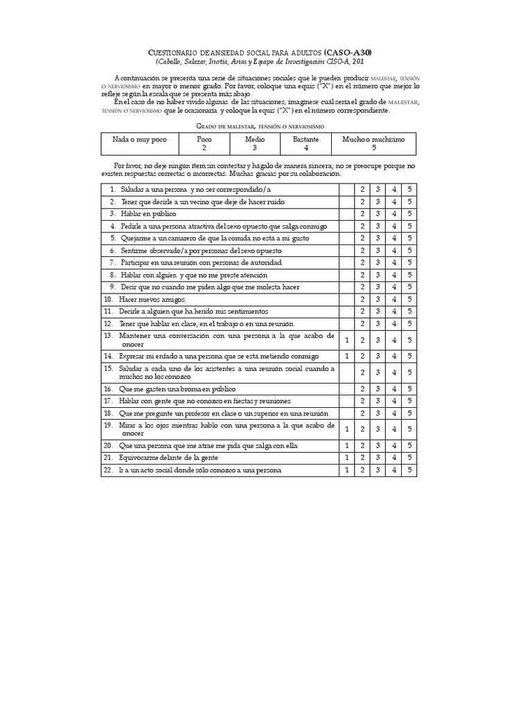 Cuestionario de Ansiedad Social para Adultos (Caso-A30) | PDF | Sicología