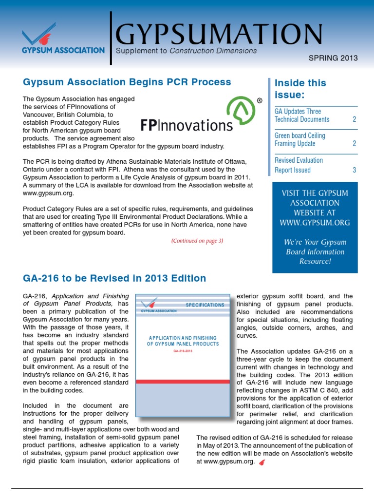 Gypsumation: Gypsum Association Begins PCR Process Inside This Issue ...