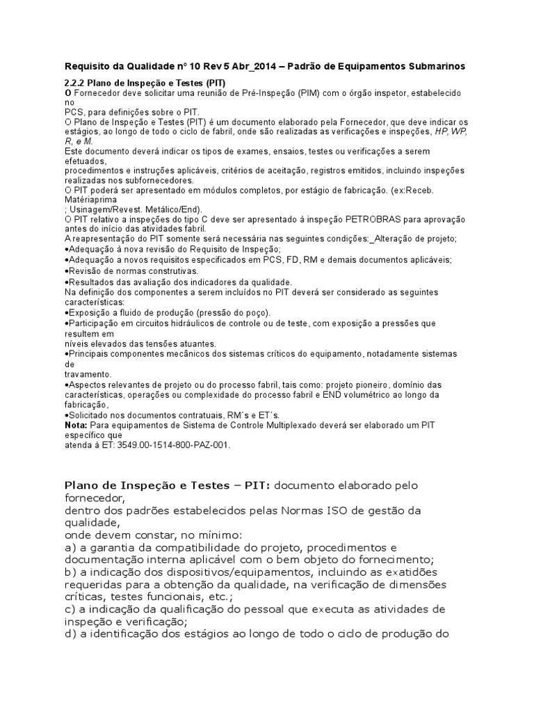 Plano de Inspeção e Testes - PIT | PDF | Qualidade (negócios) | Science