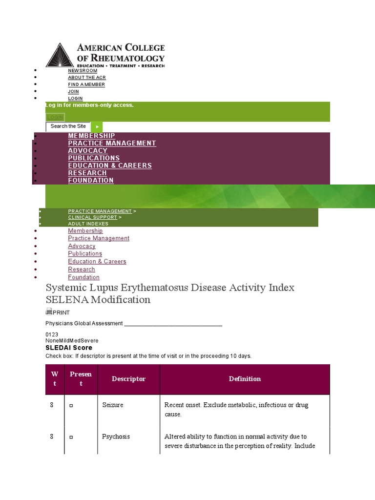 Systemic Lupus Erythematosus Disease Activity Index SELENA Modification