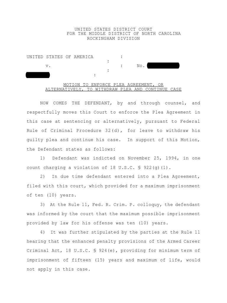 Motion to Enforce Plea Agreement | PDF | Plea | Plea Bargain