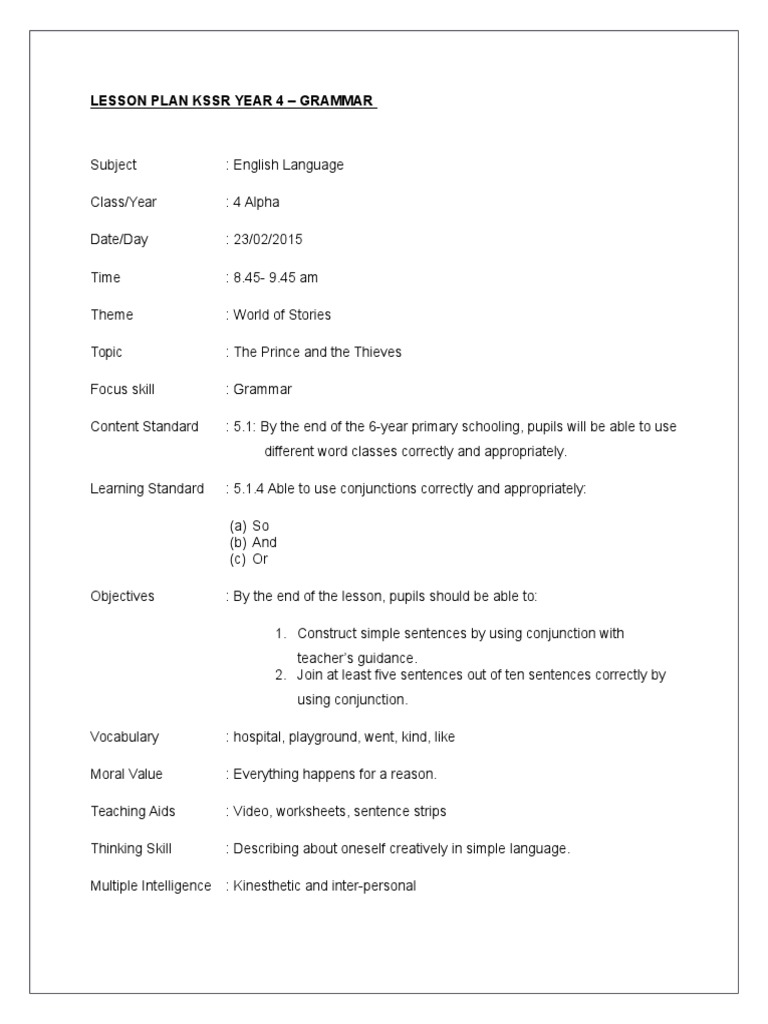 Lesson Plan KSSR Year 4 - Grammar | PDF | Lesson Plan | Communication