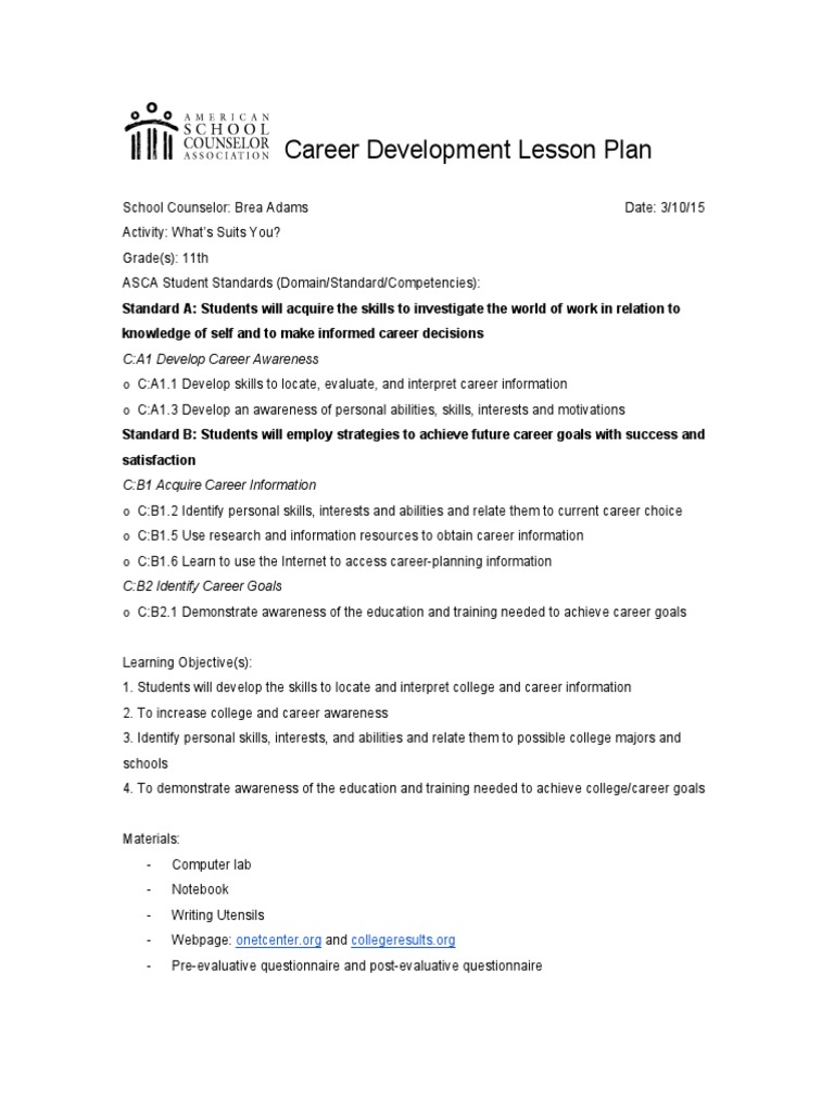 Career Development Lesson Plan for Juniors | PDF | School Counselor ...