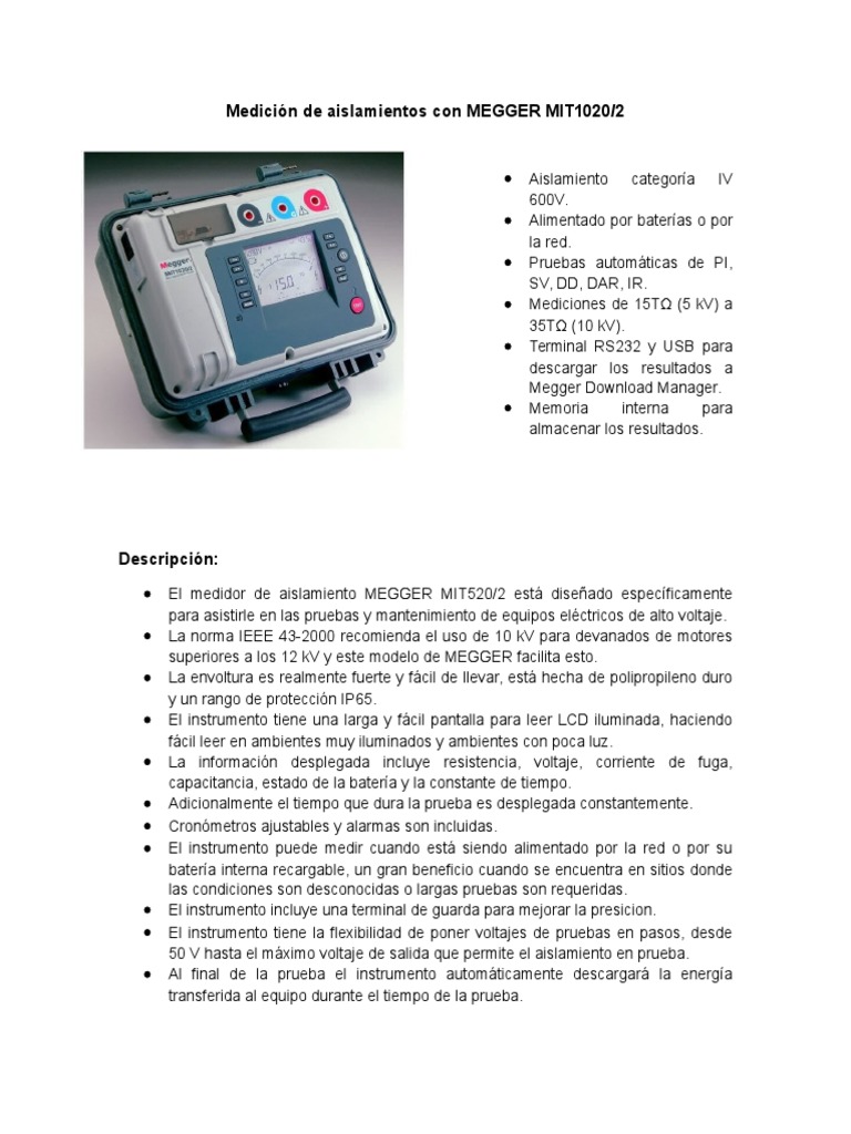 Medición de Aislamientos Con MEGGER MIT1020 | PDF | Resistencia ...