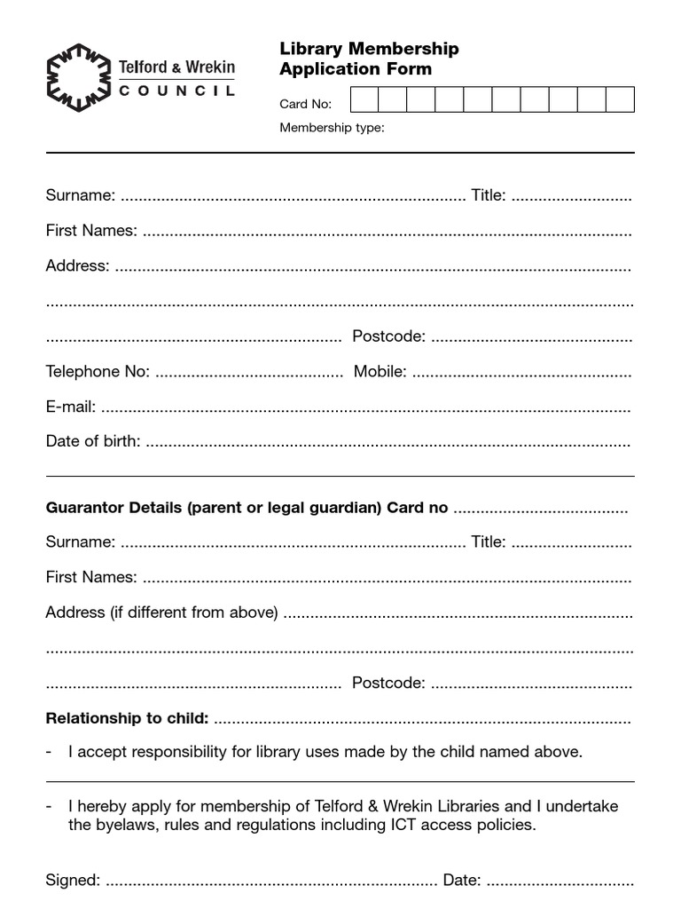 Library Membership Application Form: Card No: Membership Type | PDF
