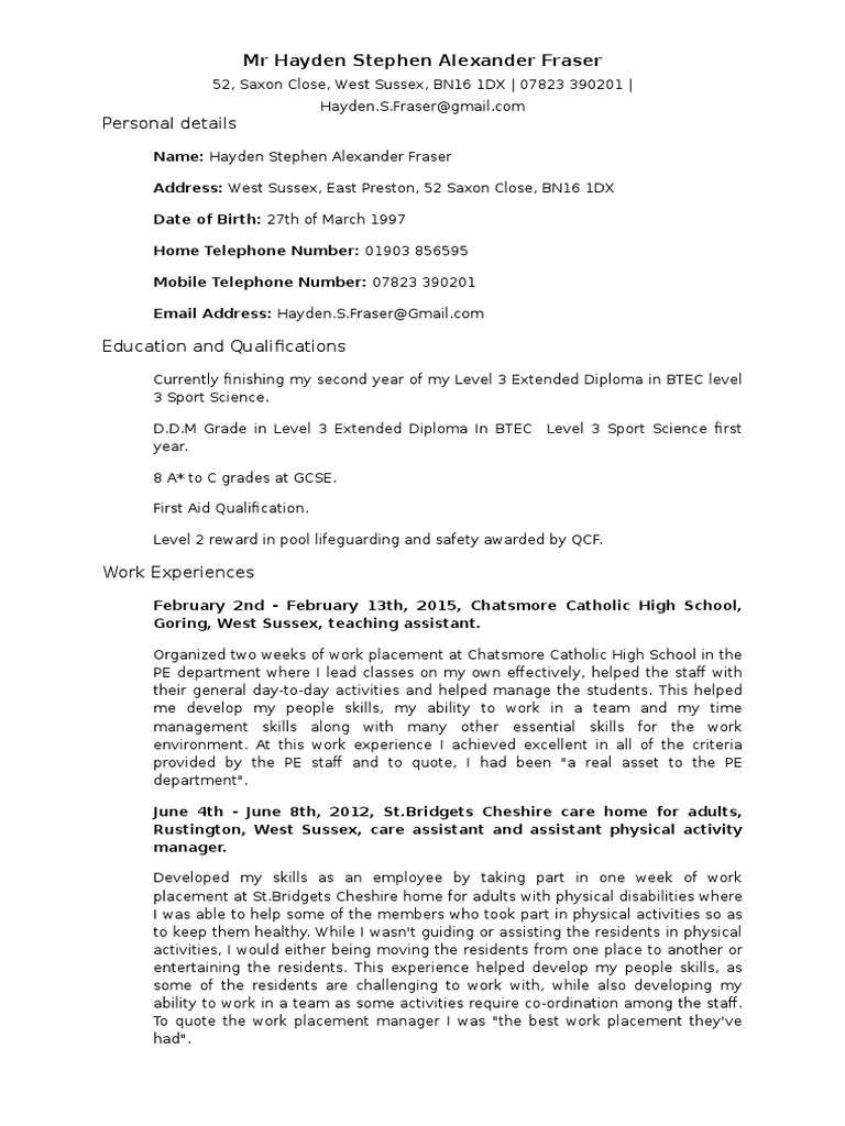 Hayden Fraser Curriculum Vitae | PDF | Physical Education | Secondary School