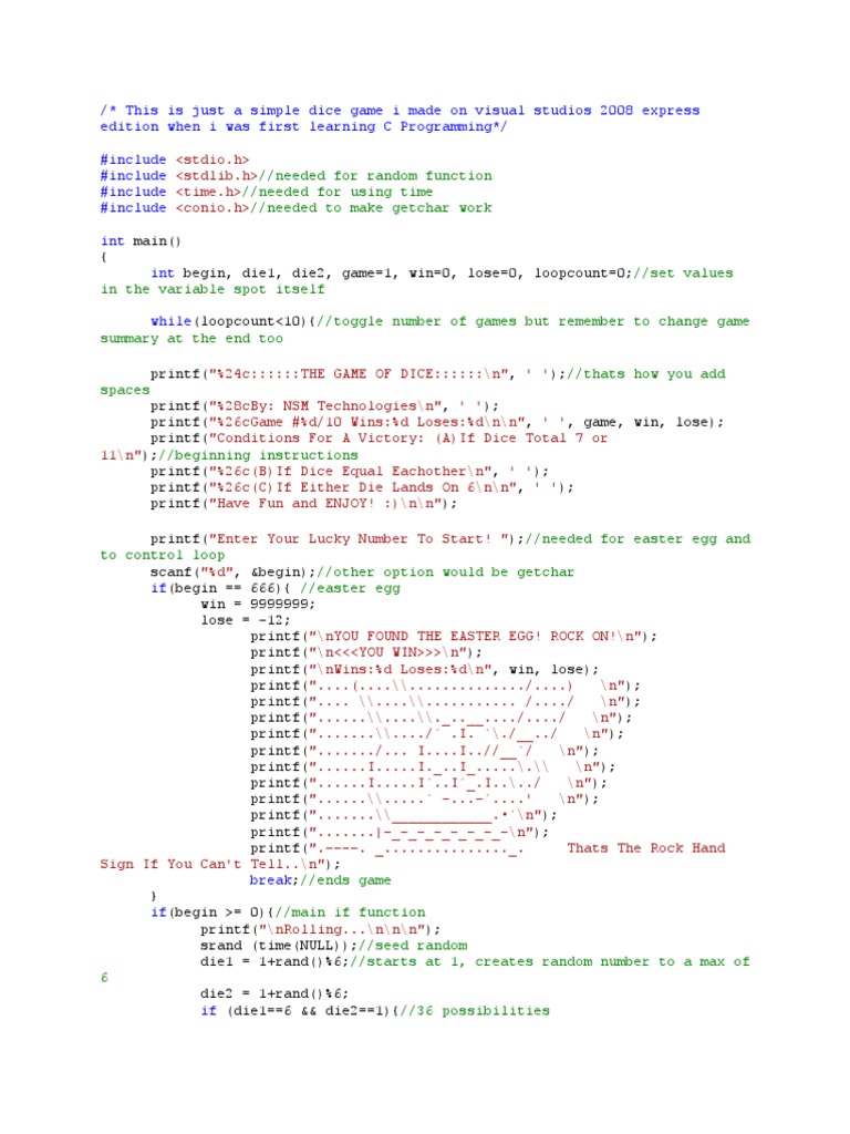 C Programming: Game of Dice | PDF | Areas Of Computer Science ...