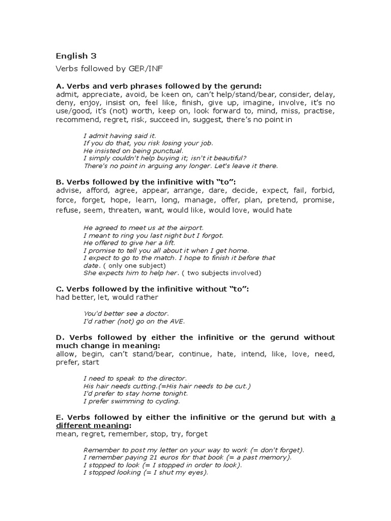 Verbs Followed by GER/INF: English 3 | PDF | Career & Growth
