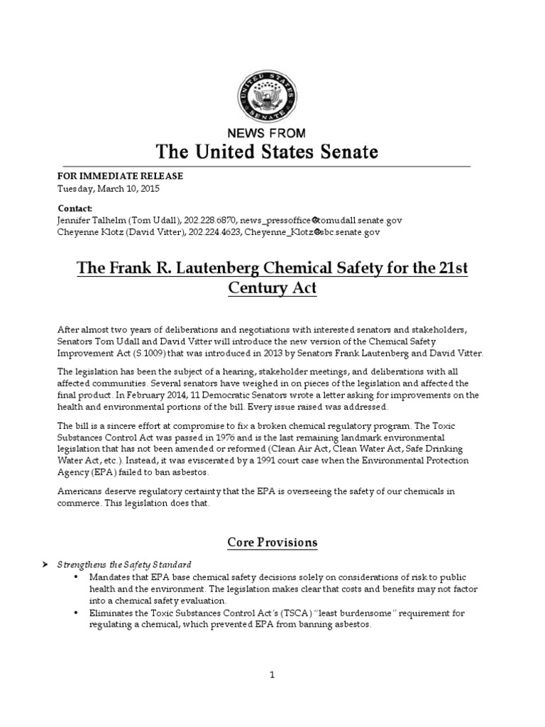 Udall-Vitter Fact Sheet On Frank R. Lautenberg Chemical Safety For The ...