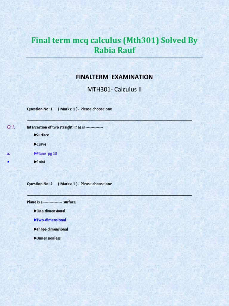 Calculus II - MTH301 Solved Mcqs | PDF | Sine | Function (Mathematics)