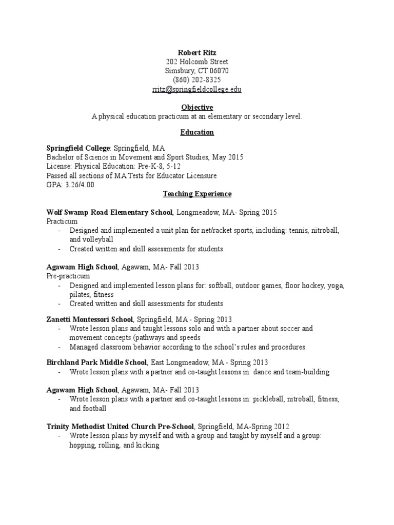 Practicum Resume | PDF | Ymca | Physical Education