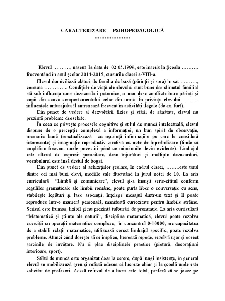 CARACTERIZARE Psihopedagogica | PDF