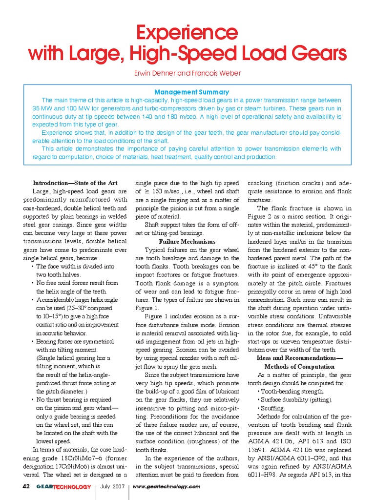 Experience With Large, High-Speed Load Gears: Erwin Dehner and Francois ...