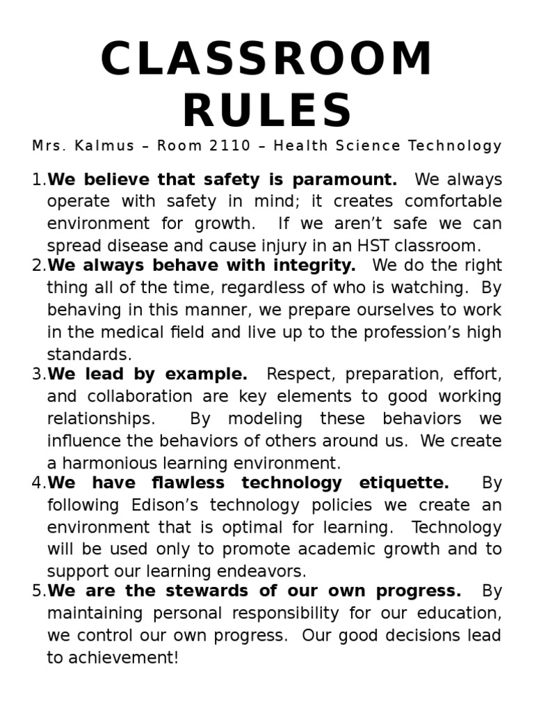 Health Science Classroom Rules | PDF