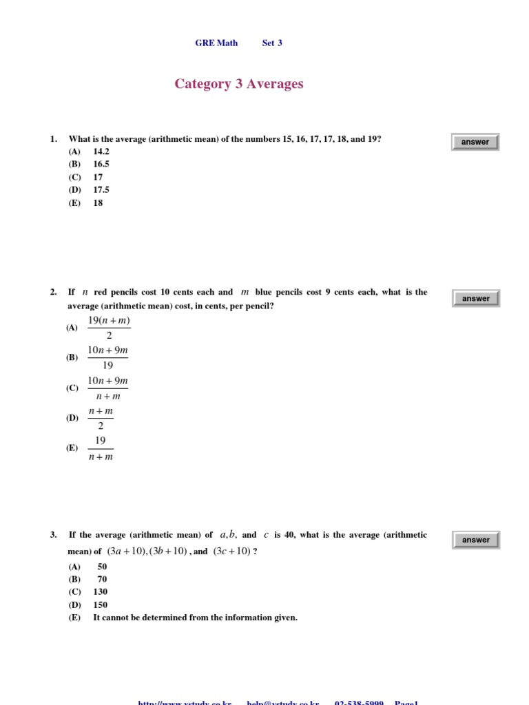GRE Math Averages Practice | PDF | Average | Arithmetic Mean