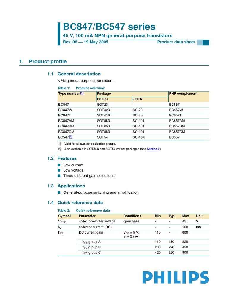 BC847/BC547 Series: 1. Product Profile | PDF | Bipolar Junction ...
