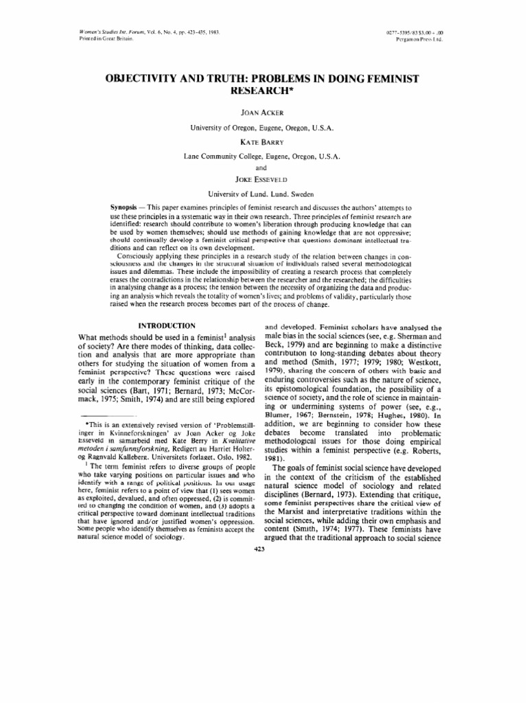 Objectivity and Truth Problems in Doing Feminist Research 1983 Women S ...