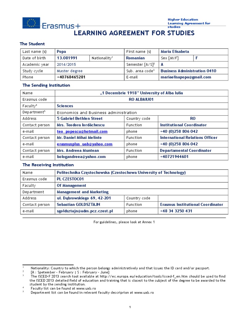 Maria Popa Learning - Agreement - Studies | PDF | Students | Academic Degree