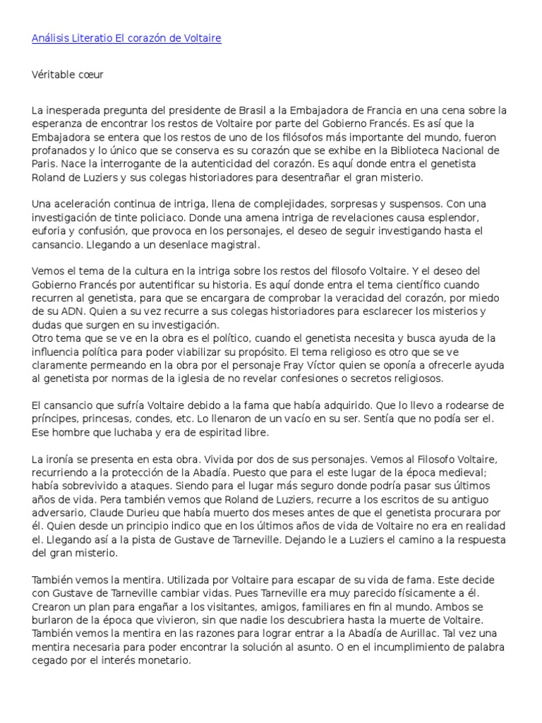 Análisis Literatio El Corazón de Voltaire | PDF | Voltaire | Novelas