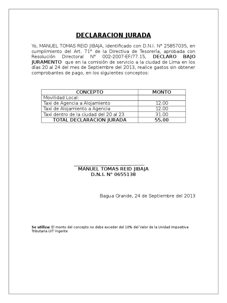 Declaración Jurada de Gastos Sin Comprobante | PDF