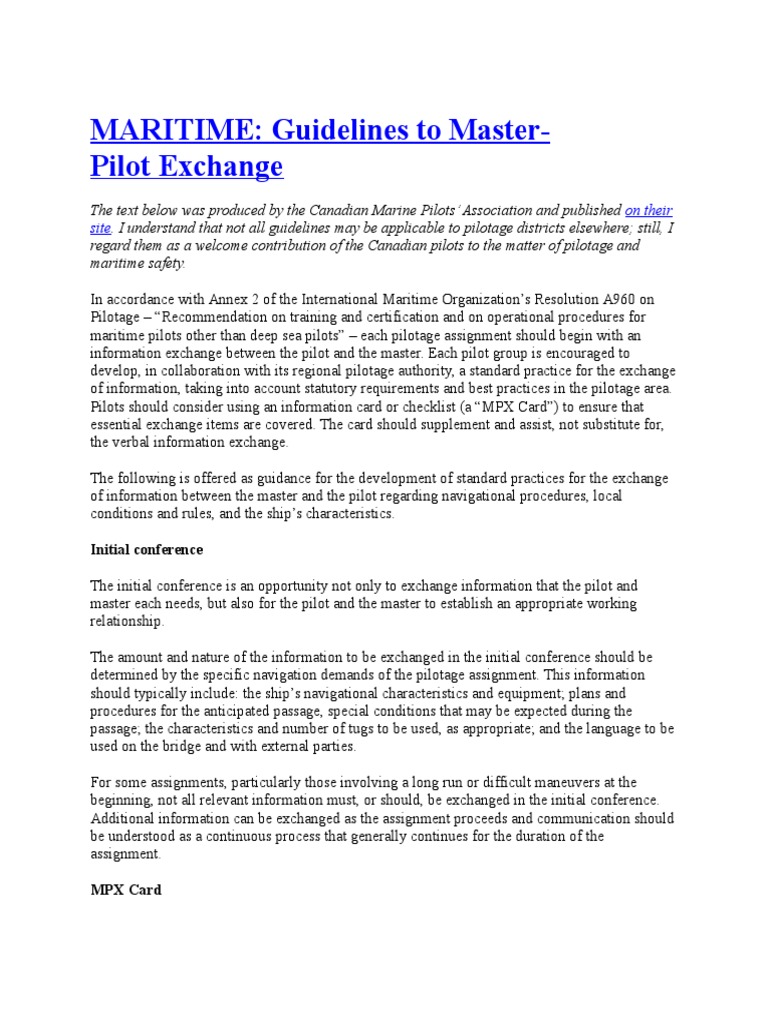 Guidance To Master Pilot Exchange | PDF | Maritime Pilot | Information