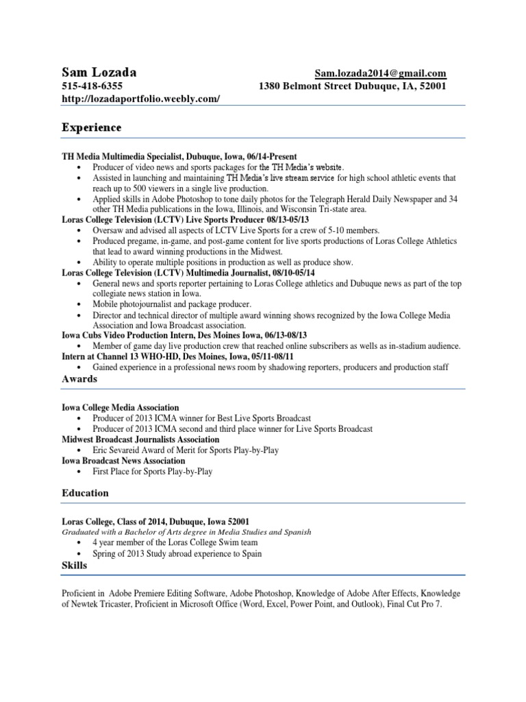 Sam Lozada: Multimedia Specialist Resume | PDF