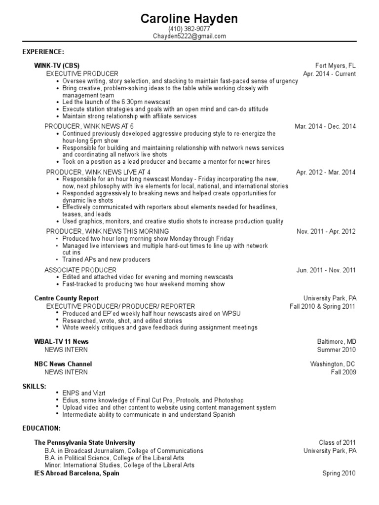 Executive Producer Caroline Hayden Resume | PDF