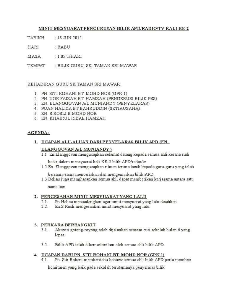 Minit Mesyuarat Pengurusan Bilik Apd | PDF