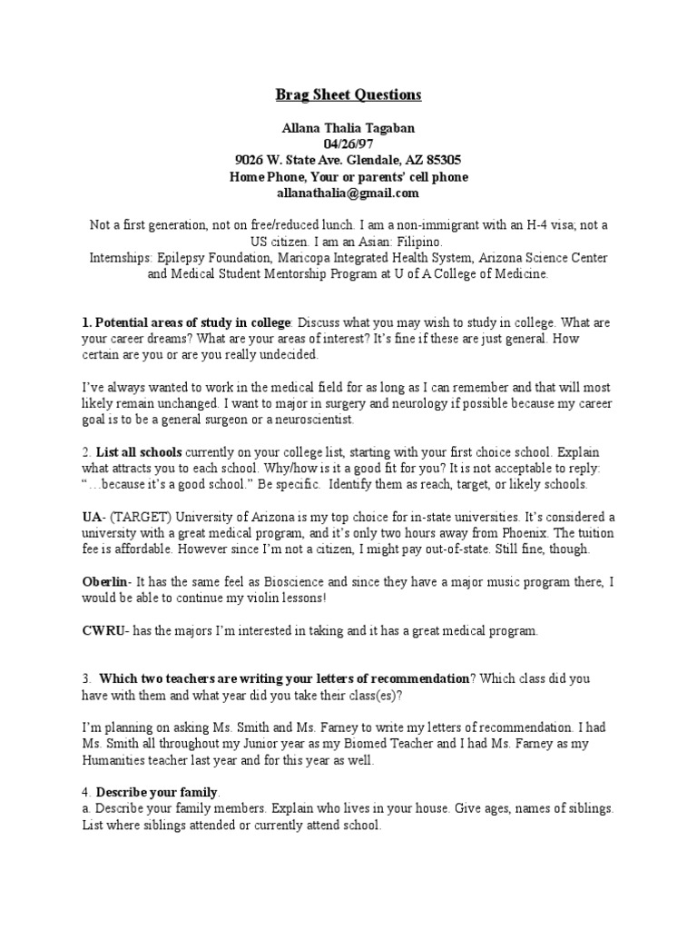 Brag Sheet Questions Bachelor s Degree Master Of Arts