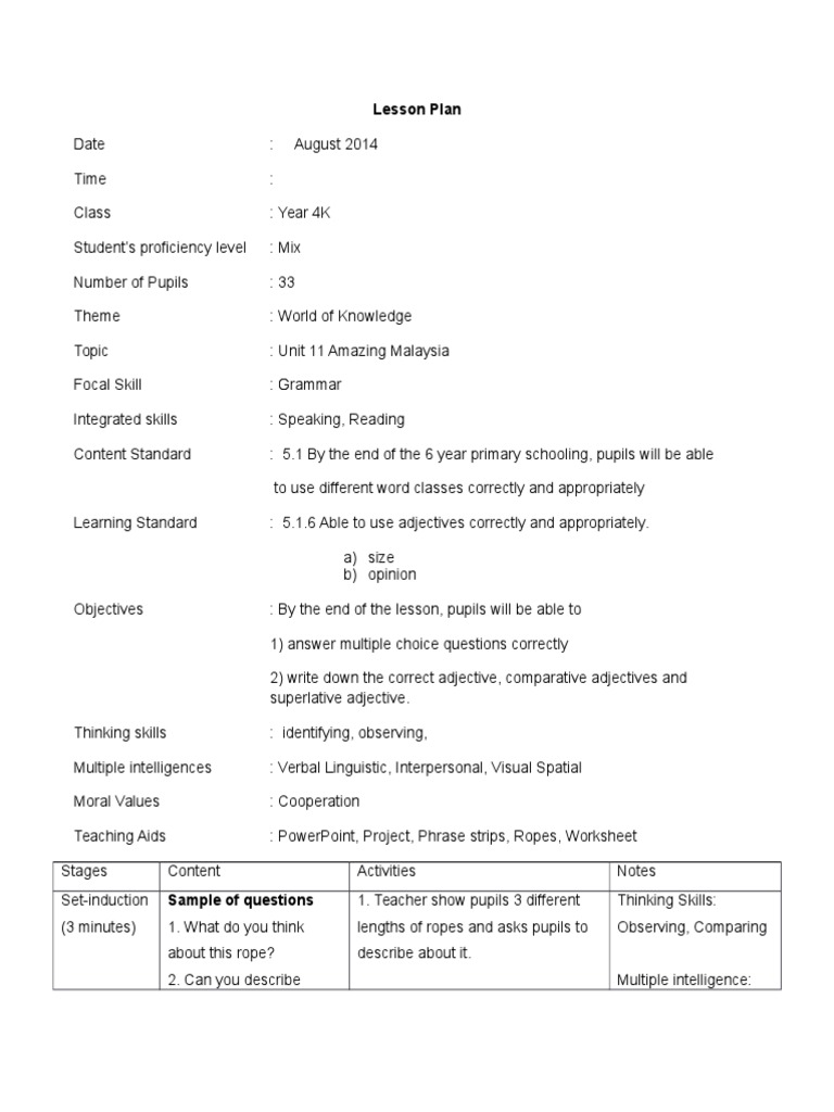 Lesson Plan Year 4 SJK | PDF | Lesson Plan | Adjective