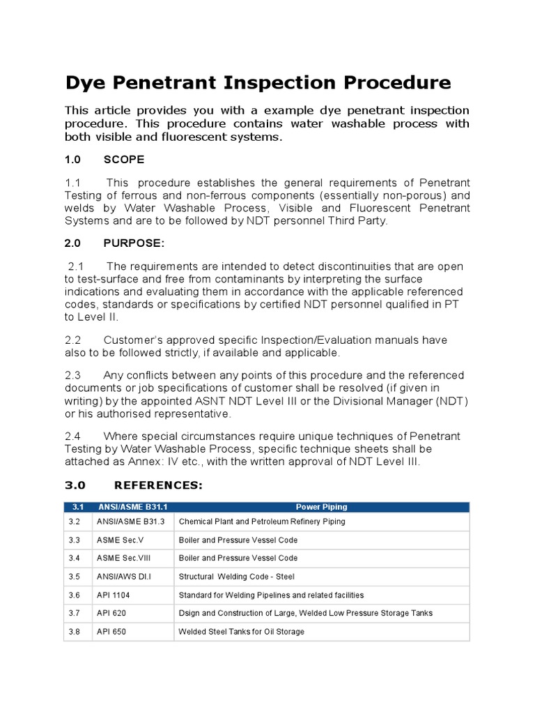 Dye Penetrant Inspection Procedure.docx | Nondestructive Testing | Welding