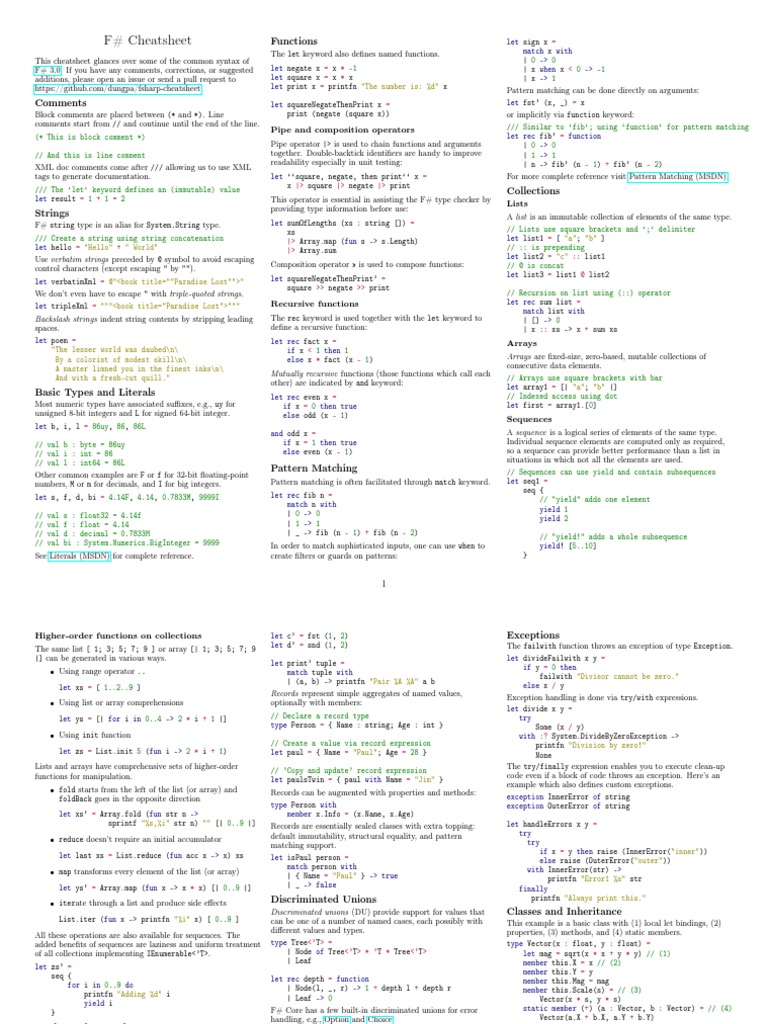 Fsharp Cheatsheet Pdf Class Computer Programming Software