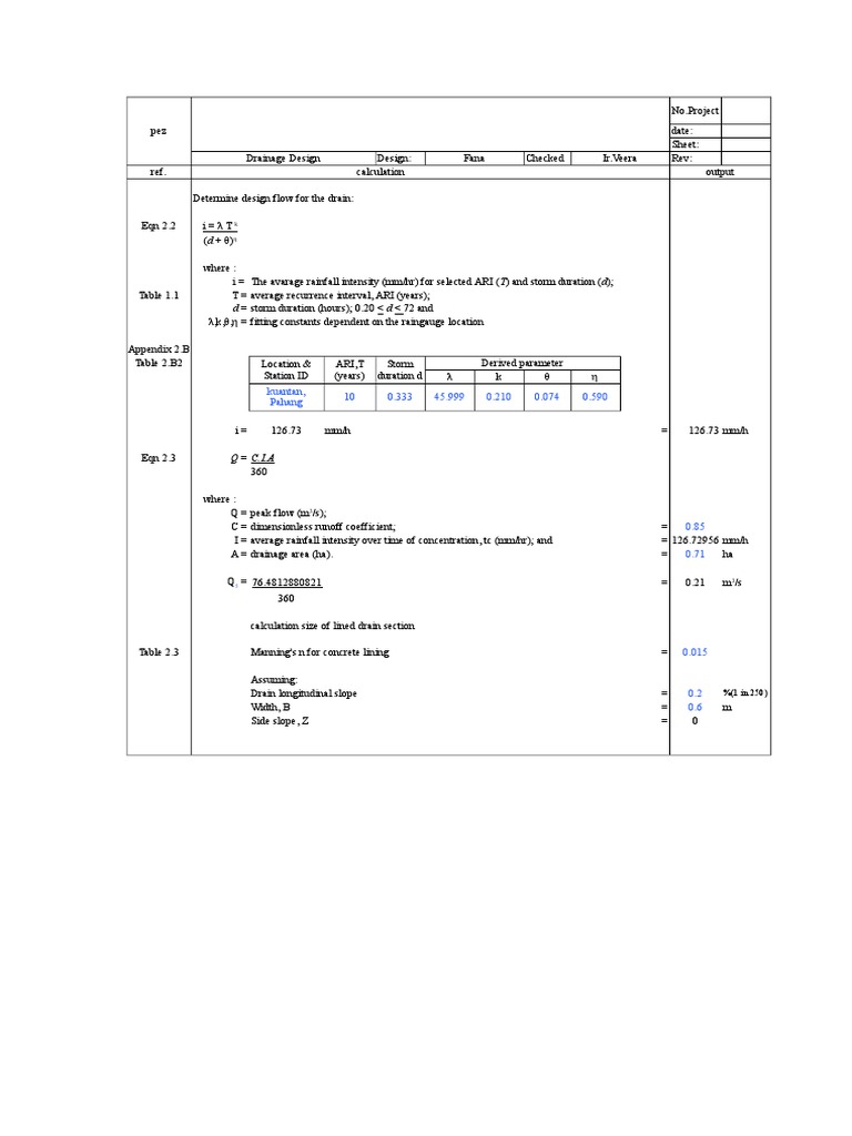 Lined Drainage Design Calculations | PDF | Technology & Engineering
