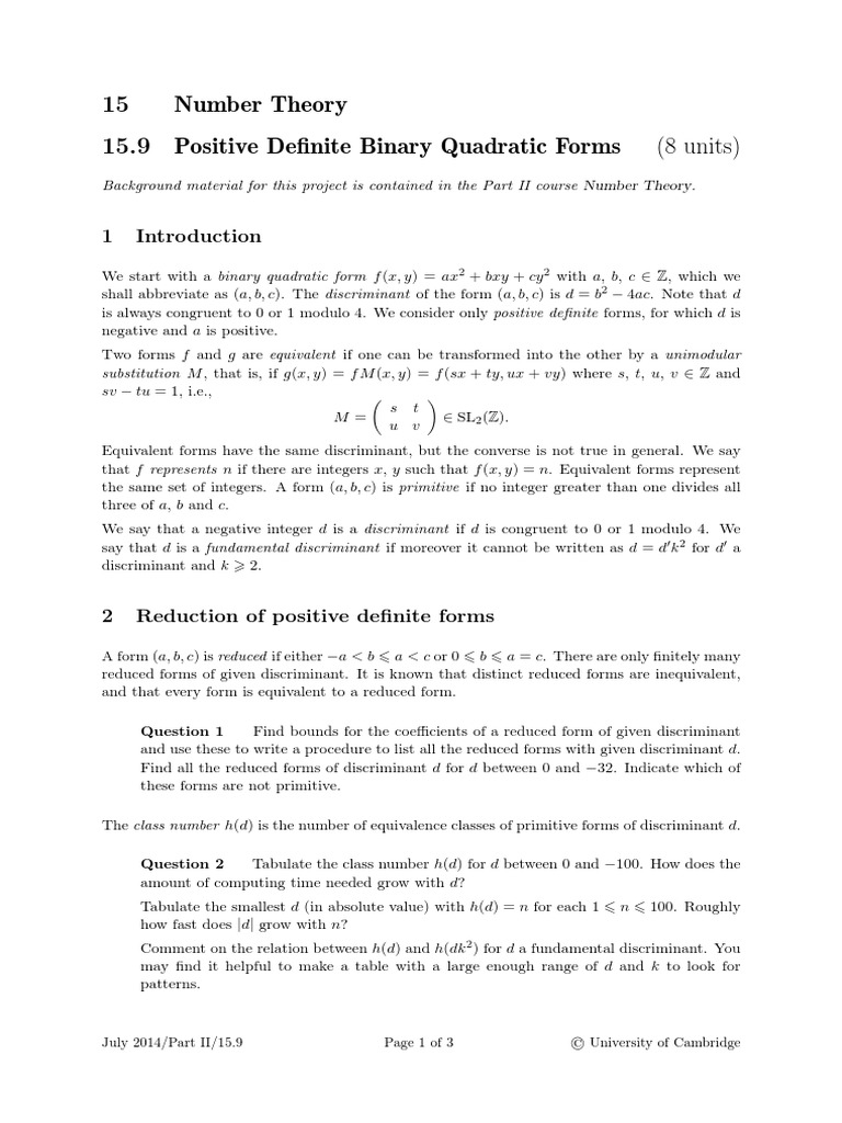 Number Theory: Positive Definite Binary Quadratic Forms | PDF | Ring Theory | Algebra