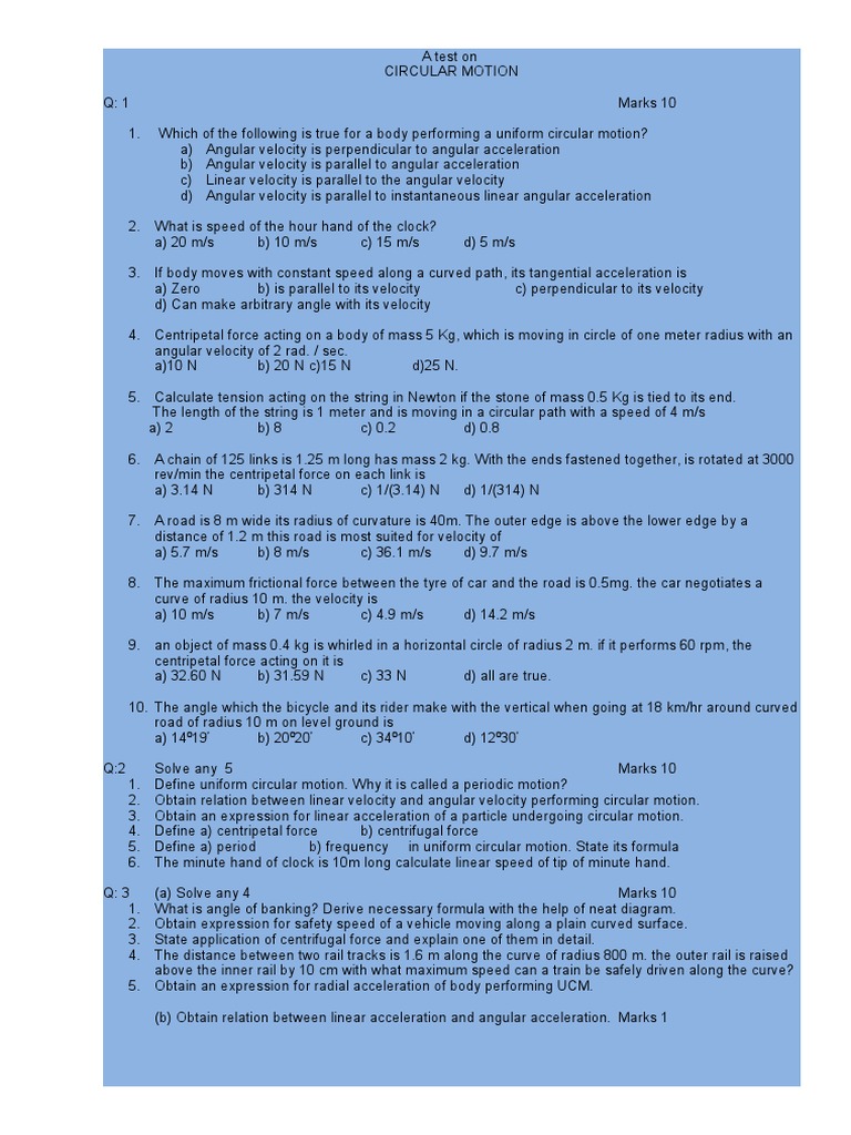 1.0 Test On Circular Motion | PDF | Acceleration | Velocity