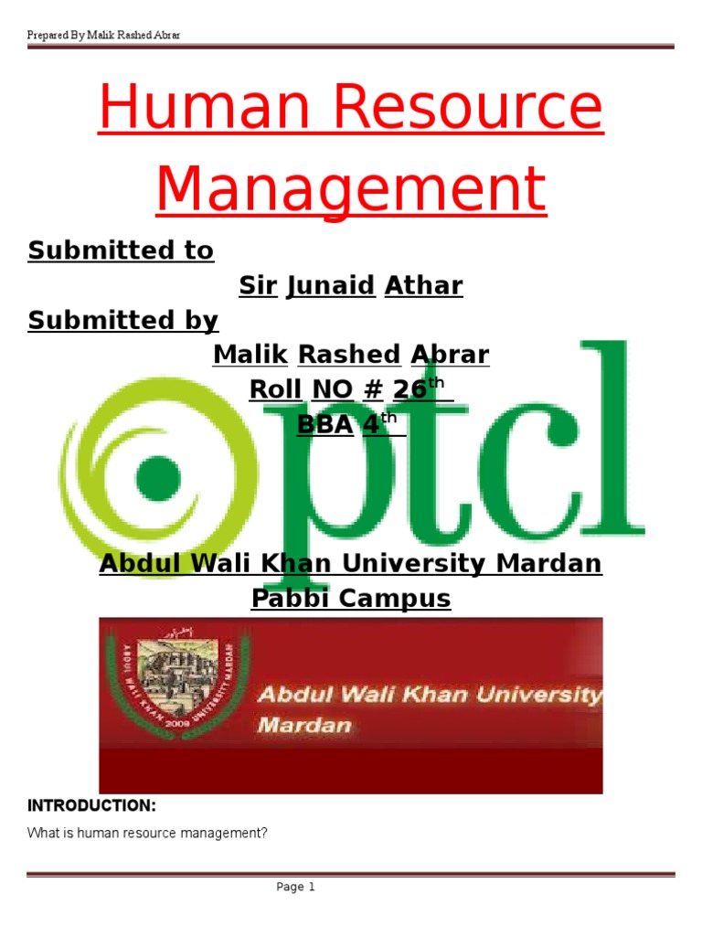 Human Resource Management: Submitted To Sir Junaid Athar Submitted by ...