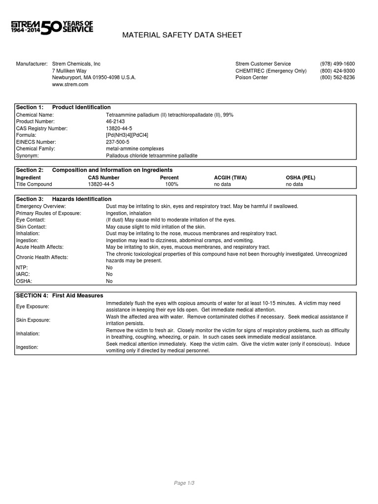 Msds (PD (NH3) 4) (PdCl4) | PDF | Chemical Substances | Chemistry