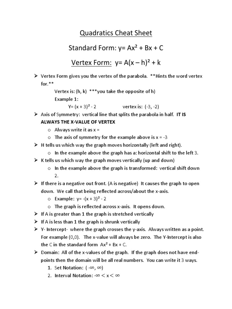 Quadratics Cheat Sheet | PDF | Quadratic Equation | Vertex (Graph Theory)