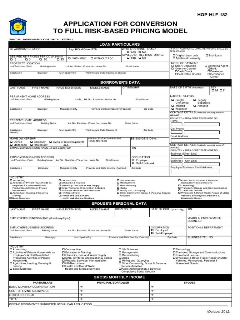 Pag Ibig Form Application For Conversion To Full Risk-Based Pricing Model (HQP-HLF-182, V01 ...
