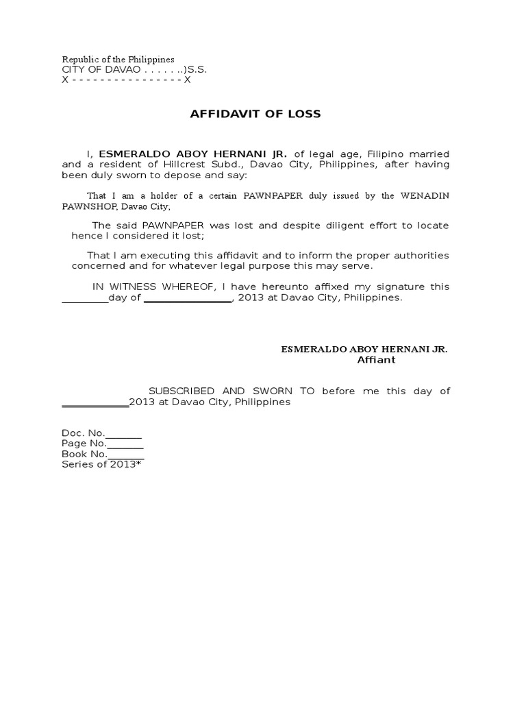 Aff. of Loss | PDF | Affidavit | Identity Document