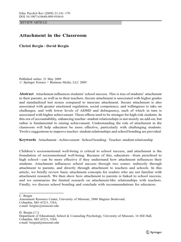 Attachment in The Classroom, Bergin and Bergin, 2009. | PDF ...