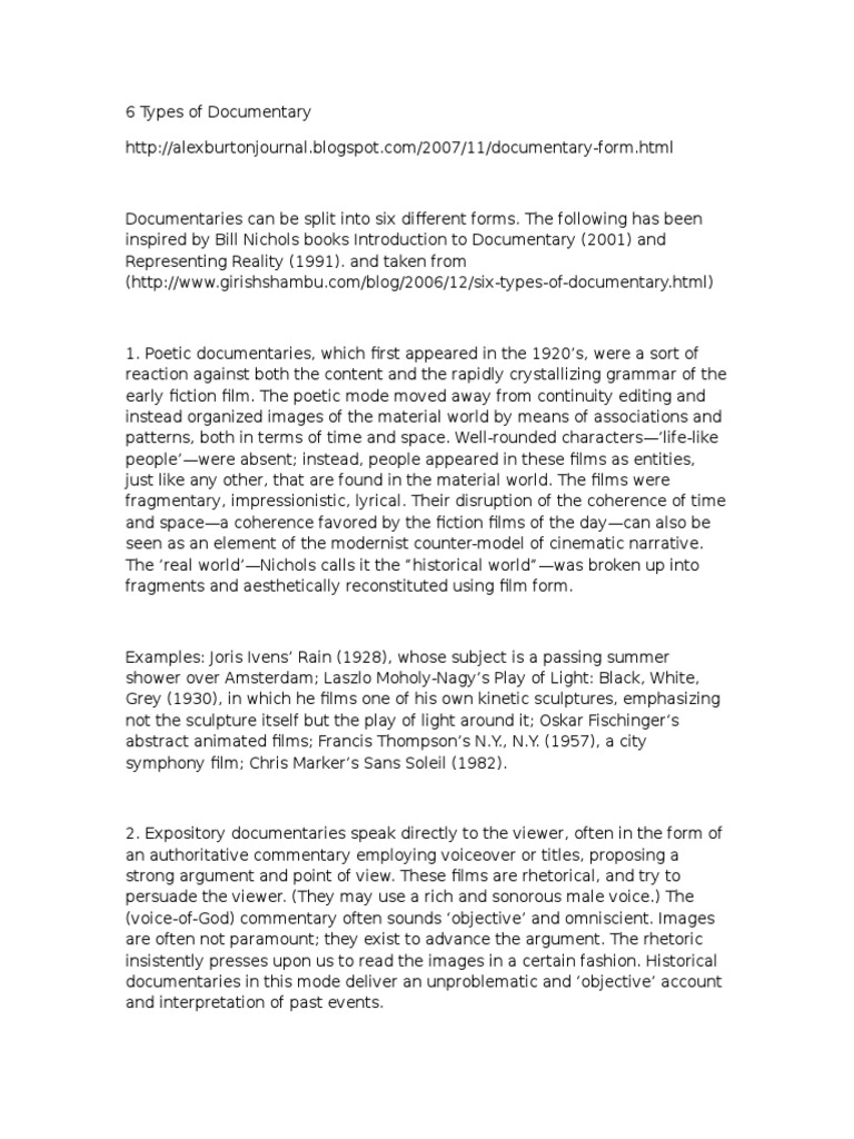 Six Types of Documentary Films | PDF | Documentary Film | Leisure