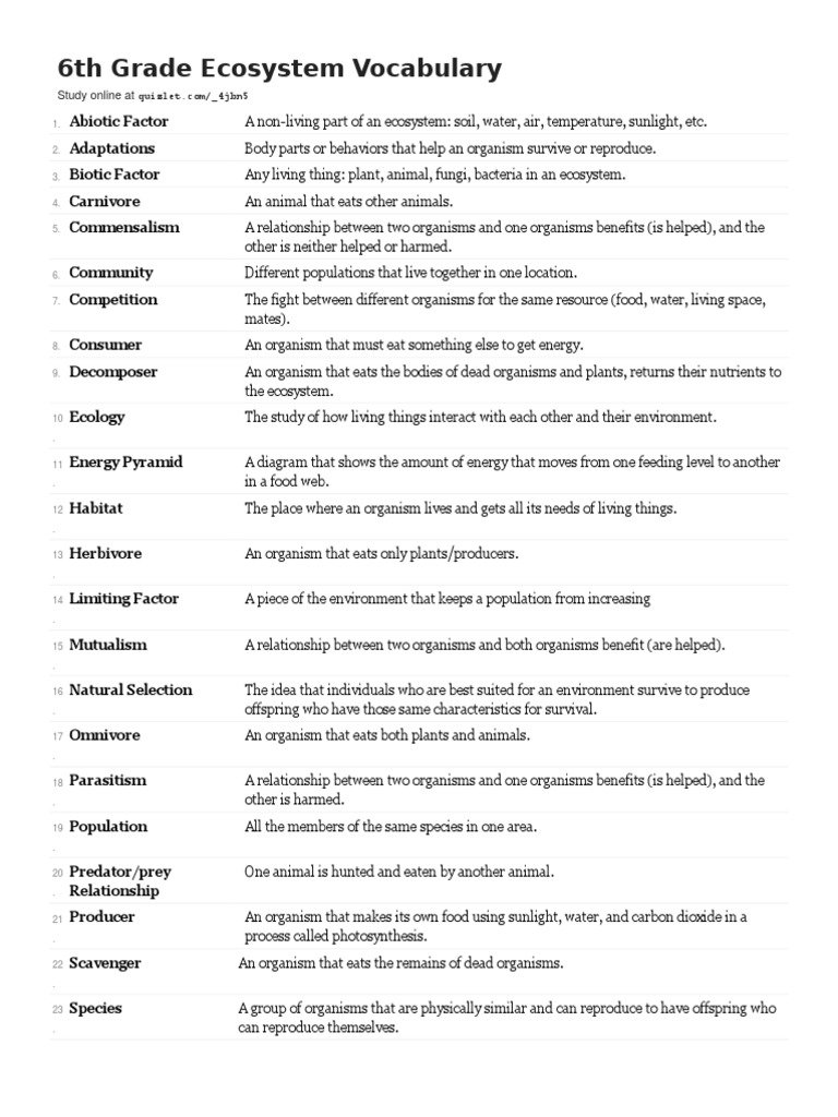 6th Grade Ecosystem Vocabulary | PDF | Science & Mathematics