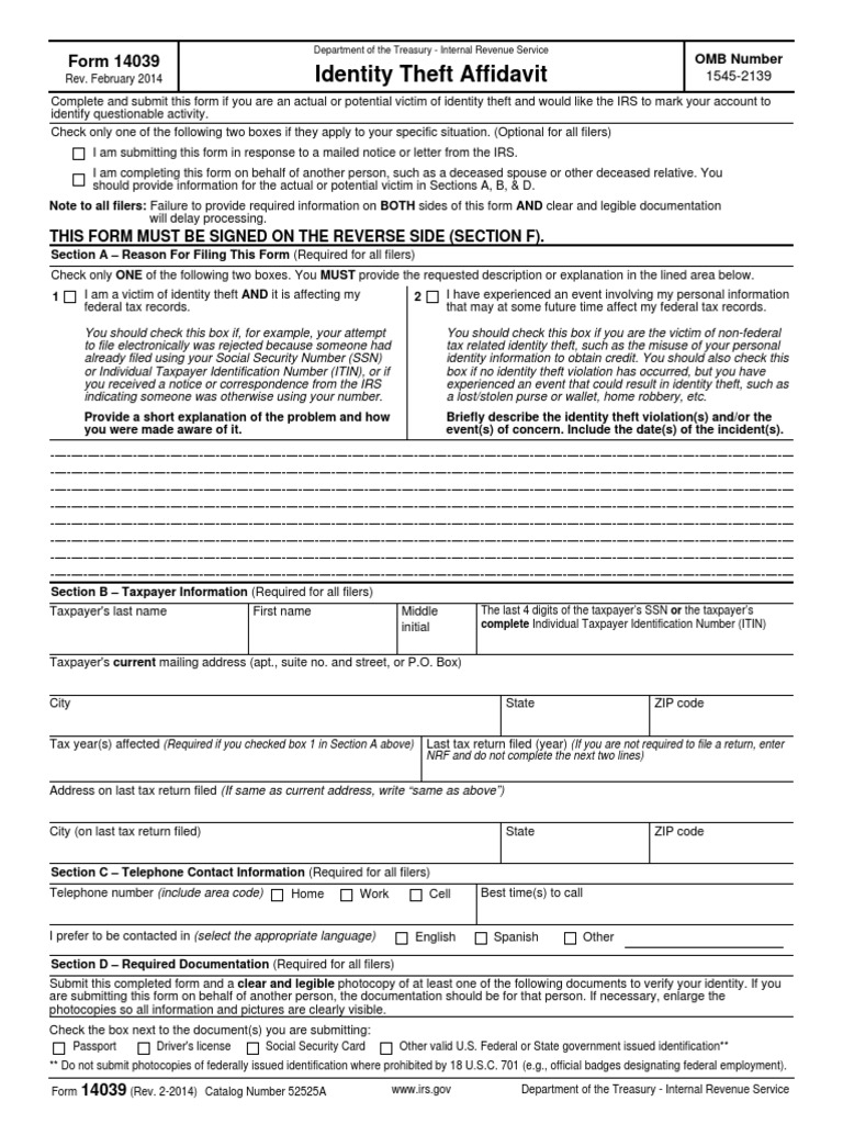 Irs Form 14039 | PDF | Internal Revenue Service | Identity Theft